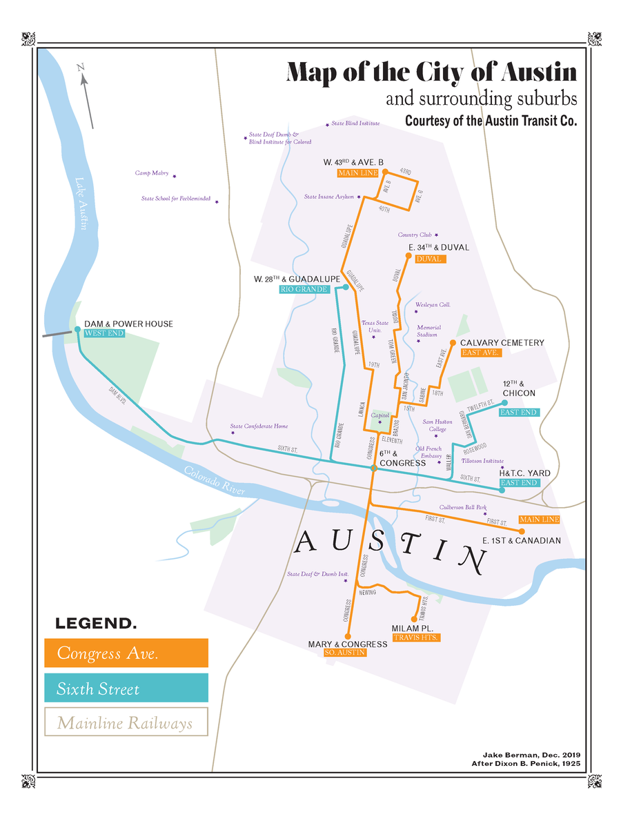 Austin, Texas streetcar system map, 1925 – 53 Studio