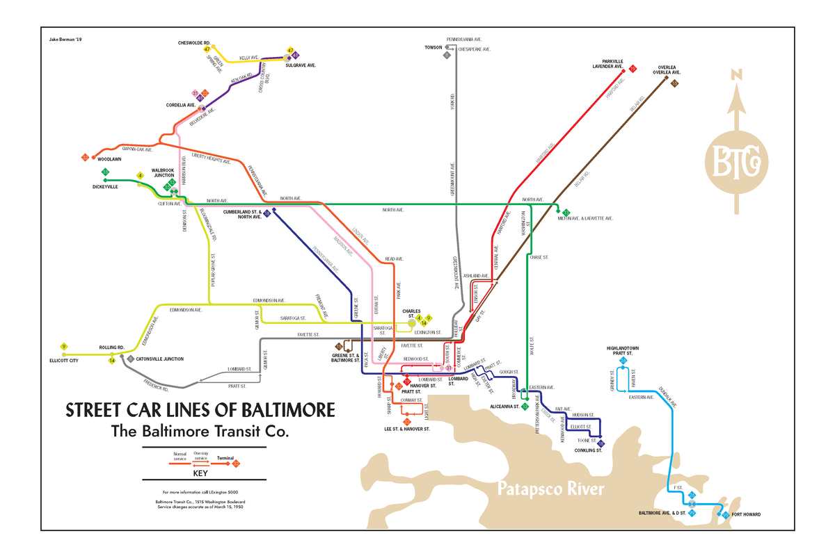 Baltimore Transit Co. streetcar system map, 1950 – 53 Studio