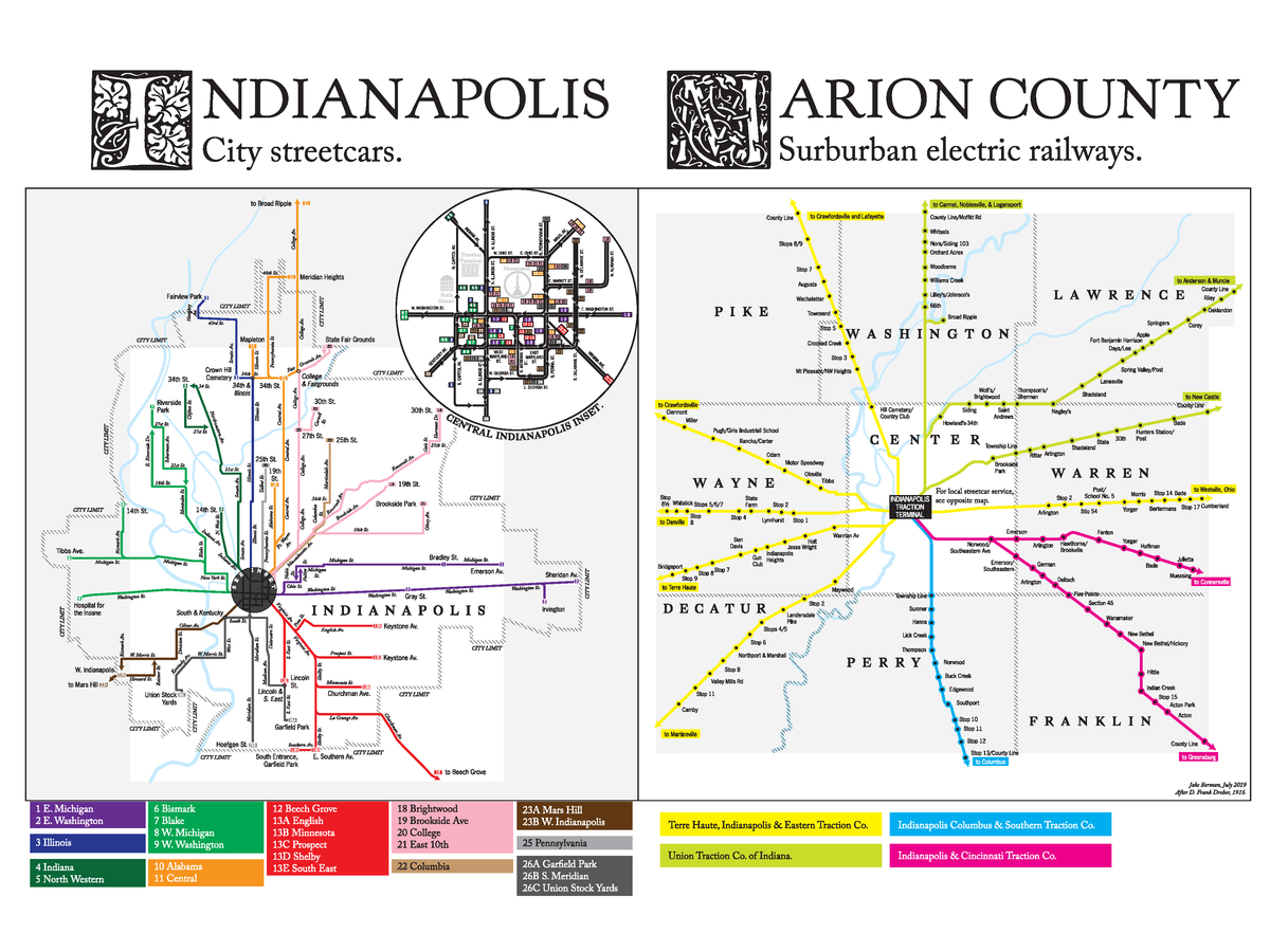Indianapolis streetcar system and interurban light rail map, 1916 – 53 ...
