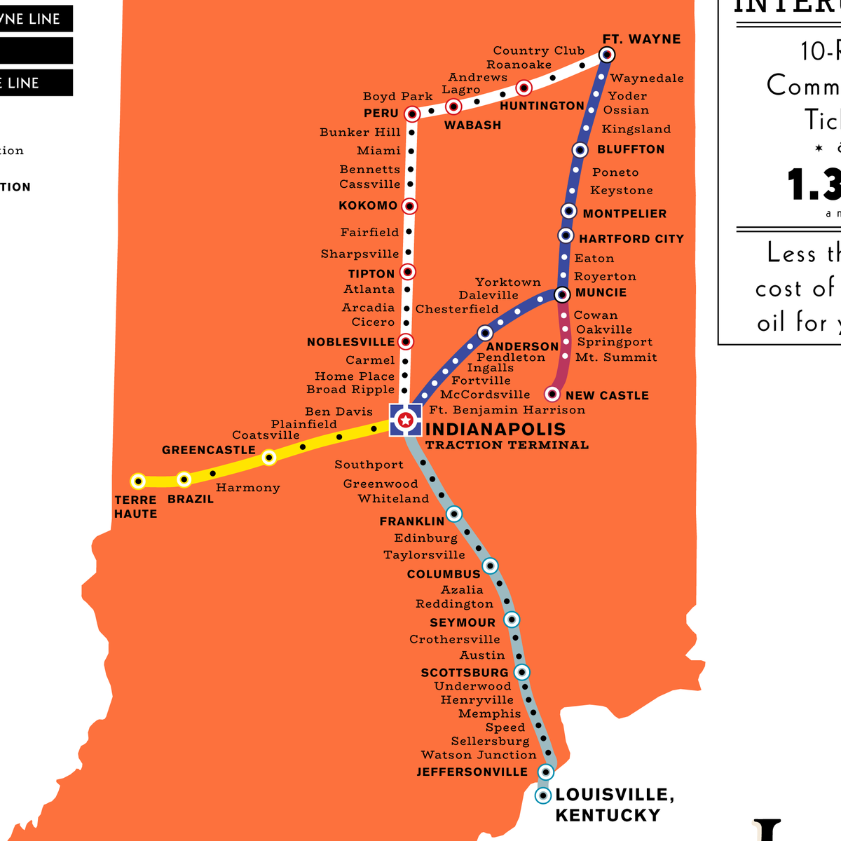 Indianapolis, Indiana light rail system map, 1936 – 53 Studio