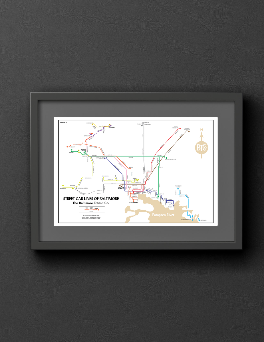 Baltimore Transit Co. streetcar system map, 1950 – 53 Studio