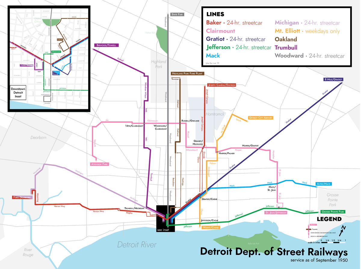 Detroit streetcar system map print, 1950 – 53 Studio