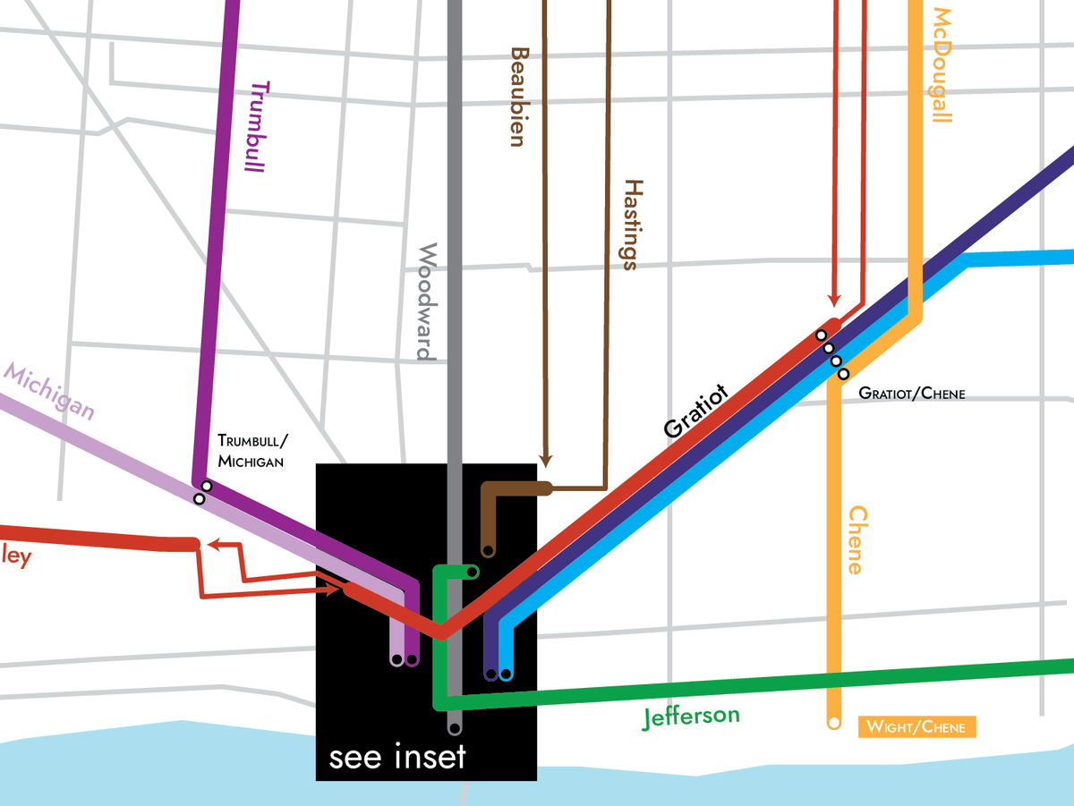 Detroit streetcar system map print, 1950 – 53 Studio