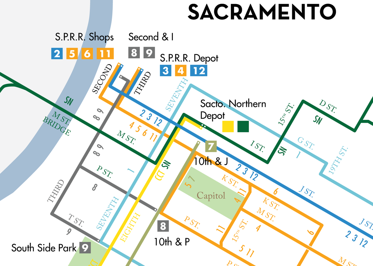 Sacramento streetcar system map, 1930 – 53 Studio