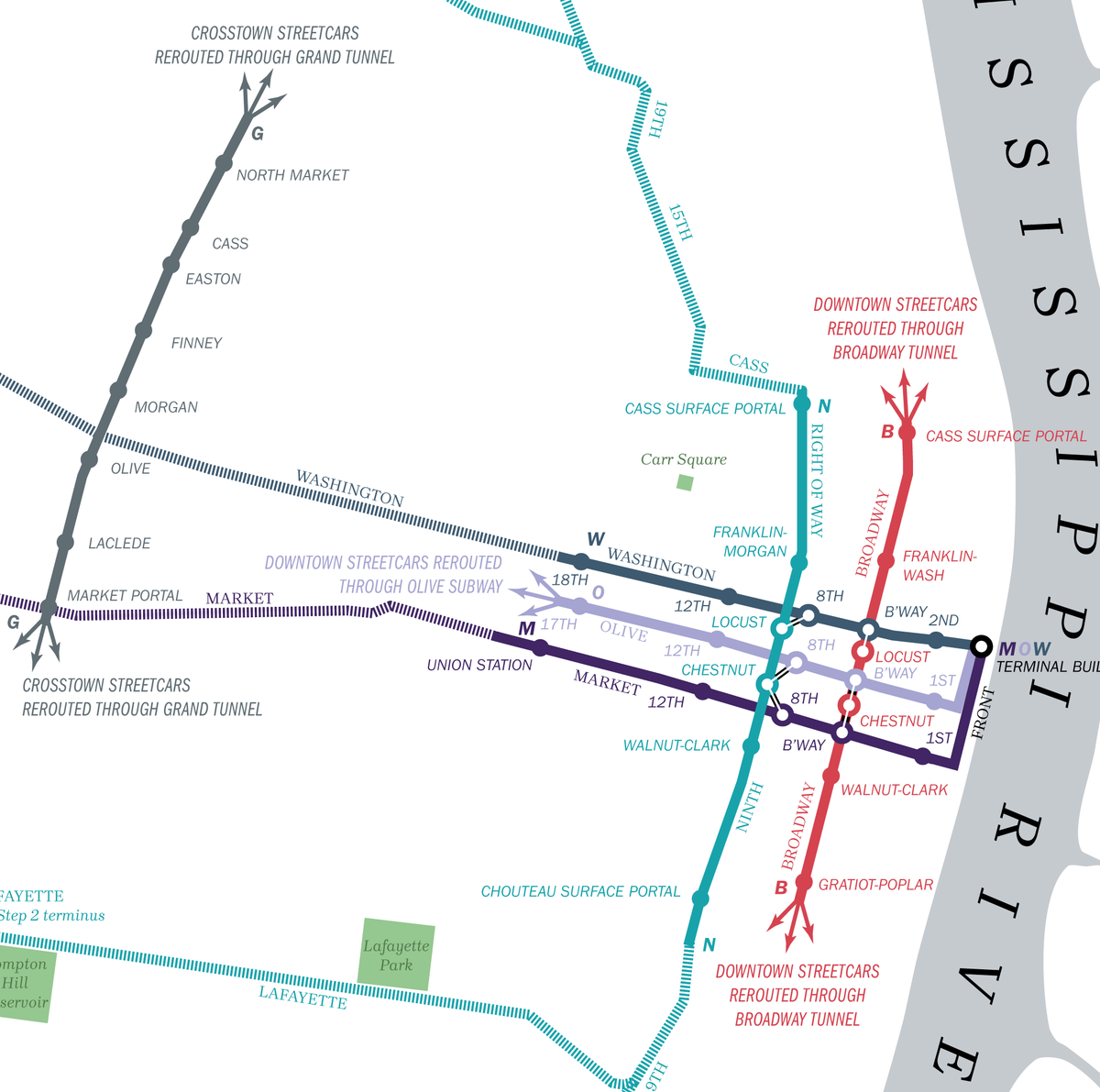 St. Louis planned subway system map, 1926 – 53 Studio