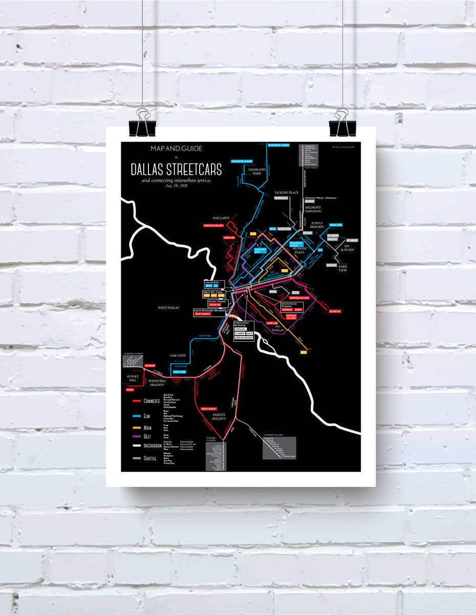 Dallas streetcar system and connecting interurbans map print, 1919 – 53 ...