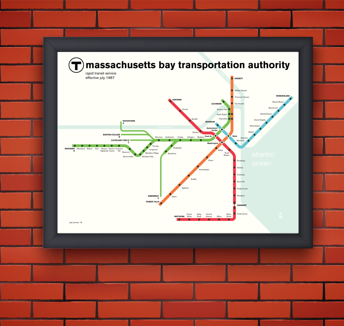 Boston MBTA rapid transit map print, July 1967 – 53 Studio