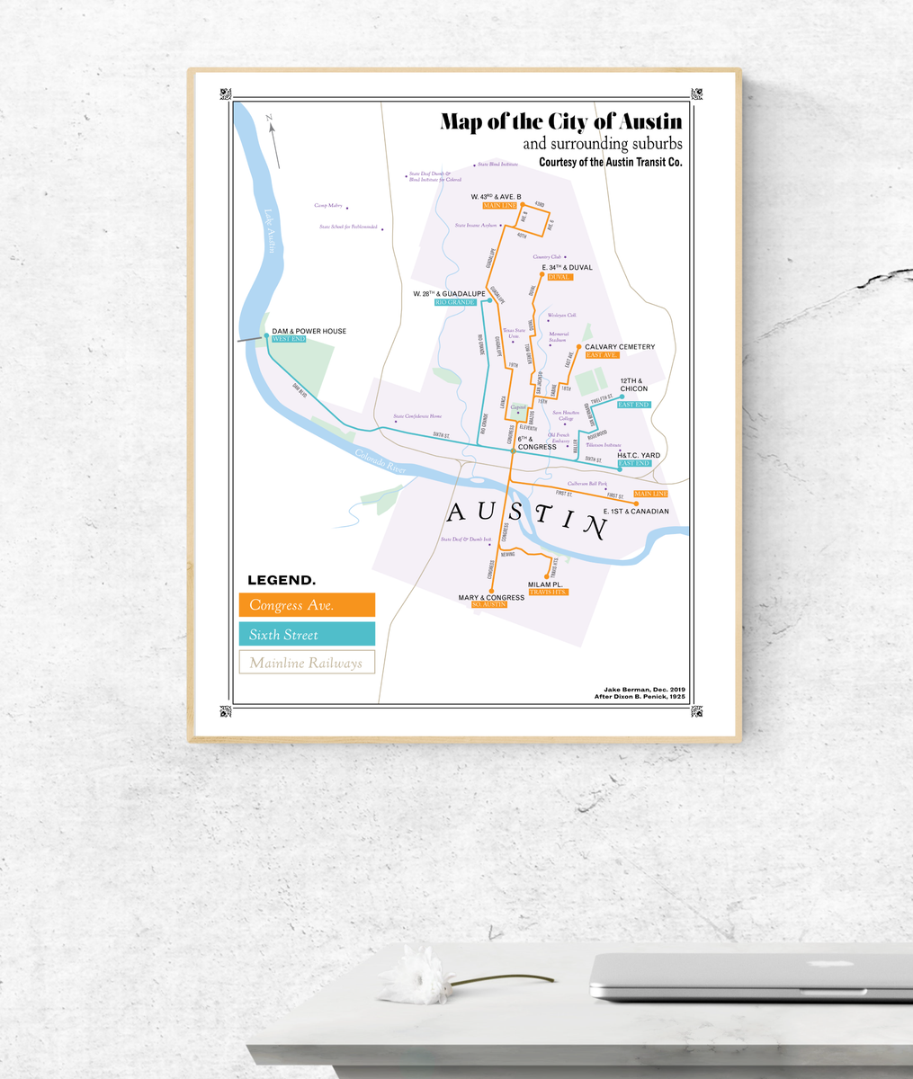 Austin, Texas streetcar system map, 1925 – 53 Studio